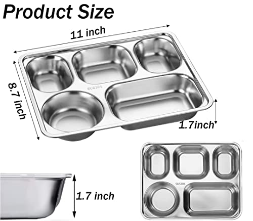 Cezoyx 4 Pack Stainless Steel Divided Trays, 5 Section Divided Dinner Plates Rectangular 304 Steel Section Control Plates for Adults, Kids, Campers, Diet Food Portion Control