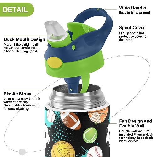 GOODOLD Sports Ball Kids Water Bottle, Insulated Stainless Steel Water Bottles with Straw Lid, 12 oz BPA-Free Leakproof Duck Mouth Thermos for Boys Girls