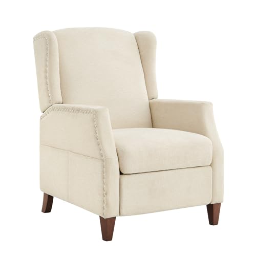 COLAMY Wingback Pushback Recliner Chair with Storage Pocket, Upholstered Fabric Living Room Chair Armchair, Single Reclining Sofa with Wood Legs and Nailhead Trim for Home/Bedroom, White