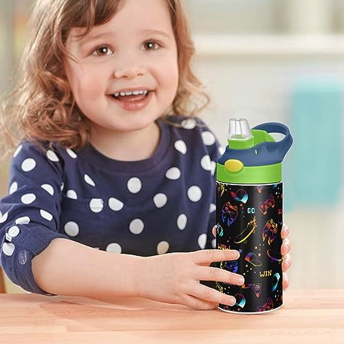 GOODOLD Cartoon Gamepad Kids Water Bottle, Insulated Stainless Steel Water Bottles with Straw Lid, 12 oz BPA-Free Leakproof Duck Mouth Thermos for Boys Girls