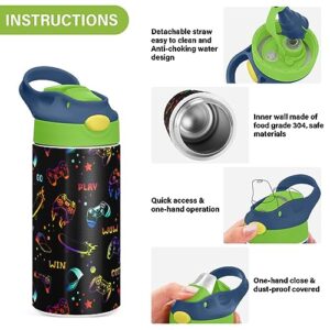 GOODOLD Cartoon Gamepad Kids Water Bottle, Insulated Stainless Steel Water Bottles with Straw Lid, 12 oz BPA-Free Leakproof Duck Mouth Thermos for Boys Girls