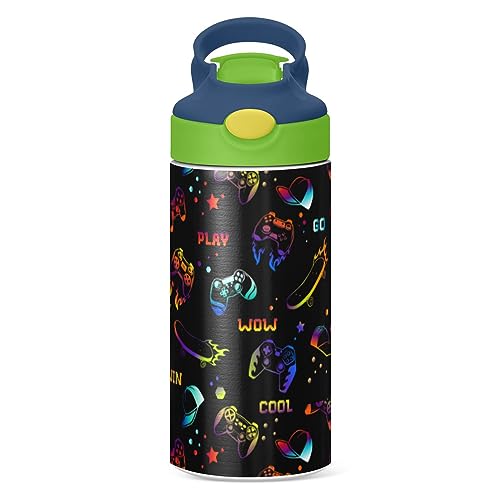 GOODOLD Cartoon Gamepad Kids Water Bottle, Insulated Stainless Steel Water Bottles with Straw Lid, 12 oz BPA-Free Leakproof Duck Mouth Thermos for Boys Girls