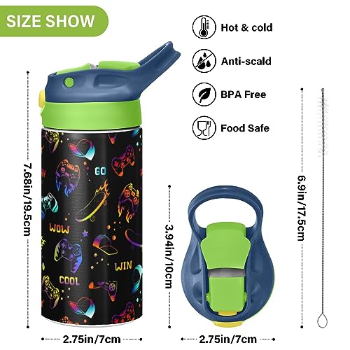 GOODOLD Cartoon Gamepad Kids Water Bottle, Insulated Stainless Steel Water Bottles with Straw Lid, 12 oz BPA-Free Leakproof Duck Mouth Thermos for Boys Girls