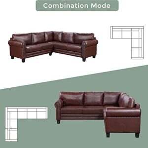 Cotoala Leather Sectional Sofa, L-Shape Corner Couch with Scroll Arms & Rivet Ornament for Living Room, Home Furniture, Apartment, Dorm, Brown PU