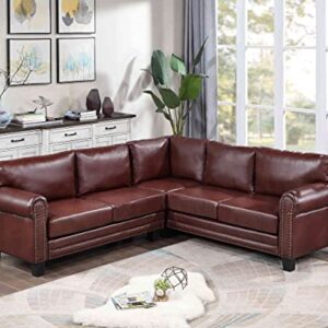 Cotoala Leather Sectional Sofa, L-Shape Corner Couch with Scroll Arms & Rivet Ornament for Living Room, Home Furniture, Apartment, Dorm, Brown PU