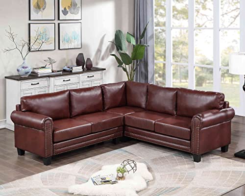 Cotoala Leather Sectional Sofa, L-Shape Corner Couch with Scroll Arms & Rivet Ornament for Living Room, Home Furniture, Apartment, Dorm, Brown PU