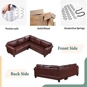 Cotoala Leather Sectional Sofa, L-Shape Corner Couch with Scroll Arms & Rivet Ornament for Living Room, Home Furniture, Apartment, Dorm, Brown PU