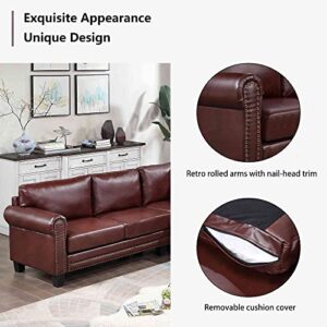 Cotoala Leather Sectional Sofa, L-Shape Corner Couch with Scroll Arms & Rivet Ornament for Living Room, Home Furniture, Apartment, Dorm, Brown PU