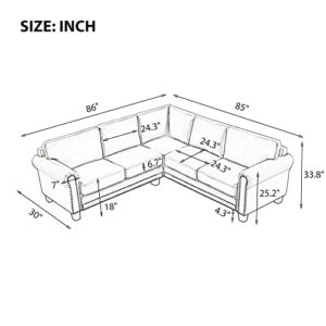 Cotoala Leather Sectional Sofa, L-Shape Corner Couch with Scroll Arms & Rivet Ornament for Living Room, Home Furniture, Apartment, Dorm, Brown PU