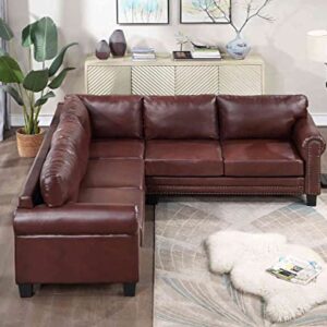 Cotoala Leather Sectional Sofa, L-Shape Corner Couch with Scroll Arms & Rivet Ornament for Living Room, Home Furniture, Apartment, Dorm, Brown PU