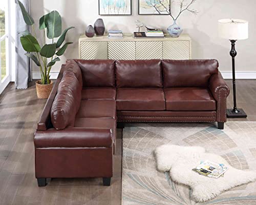 Cotoala Leather Sectional Sofa, L-Shape Corner Couch with Scroll Arms & Rivet Ornament for Living Room, Home Furniture, Apartment, Dorm, Brown PU