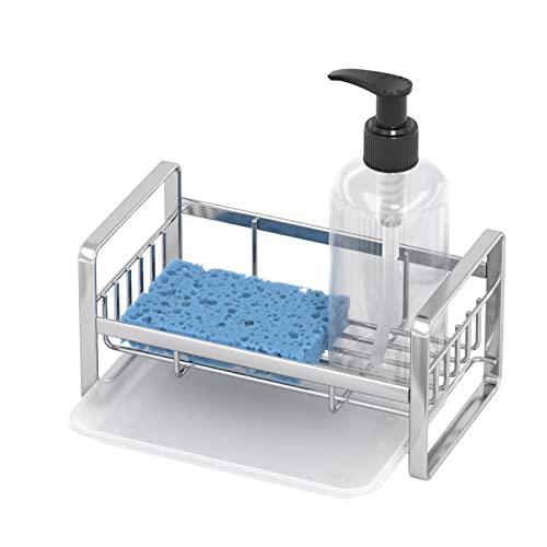 VOLCANOES CLUB Kitchen Sink Sponge Holder with Dish Soap Dispenser & Sponge | Stainless Steel Countertop Sponge Rack | Over The Sink Caddy Organizer with Removable Drain Tray - Silver/Small