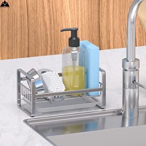 VOLCANOES CLUB Kitchen Sink Sponge Holder with Dish Soap Dispenser & Sponge | Stainless Steel Countertop Sponge Rack | Over The Sink Caddy Organizer with Removable Drain Tray - Silver/Small