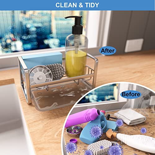 VOLCANOES CLUB Kitchen Sink Sponge Holder with Dish Soap Dispenser & Sponge | Stainless Steel Countertop Sponge Rack | Over The Sink Caddy Organizer with Removable Drain Tray - Silver/Small