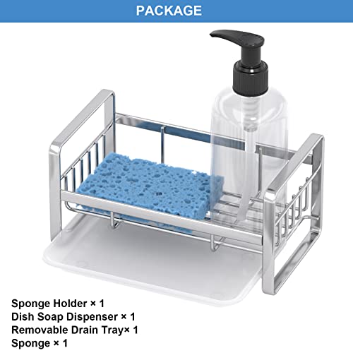 VOLCANOES CLUB Kitchen Sink Sponge Holder with Dish Soap Dispenser & Sponge | Stainless Steel Countertop Sponge Rack | Over The Sink Caddy Organizer with Removable Drain Tray - Silver/Small