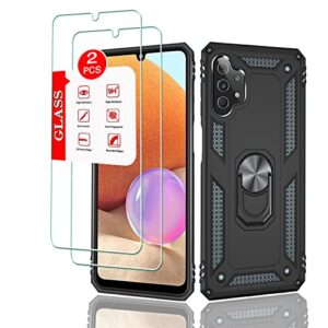 anvzle for samsung galaxy a32 4g [not fit a32 5g] case with [2 pack] tempered glass screen protector, galaxy a32 4g heavy duty armor [military-grade] protective, with magnetic ring stand cover (black)