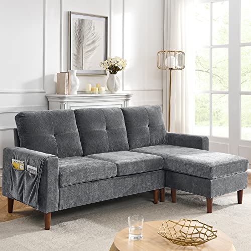 Homtique Convertible Sectional Sofa Couch, L Shaped Sofa with Reversible Chaise and Pocket, 3-Seat Chenille Sofa with Removable Cushions Sectional Couches for Living Room, Apartment (Dark Grey)