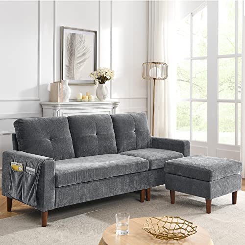 Homtique Convertible Sectional Sofa Couch, L Shaped Sofa with Reversible Chaise and Pocket, 3-Seat Chenille Sofa with Removable Cushions Sectional Couches for Living Room, Apartment (Dark Grey)