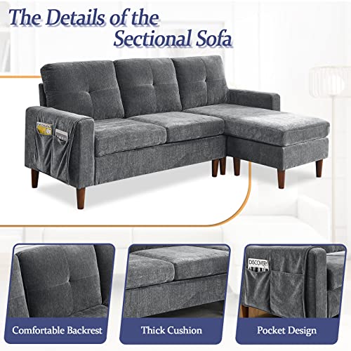 Homtique Convertible Sectional Sofa Couch, L Shaped Sofa with Reversible Chaise and Pocket, 3-Seat Chenille Sofa with Removable Cushions Sectional Couches for Living Room, Apartment (Dark Grey)