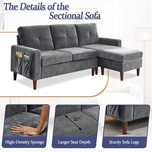 Homtique Convertible Sectional Sofa Couch, L Shaped Sofa with Reversible Chaise and Pocket, 3-Seat Chenille Sofa with Removable Cushions Sectional Couches for Living Room, Apartment (Dark Grey)