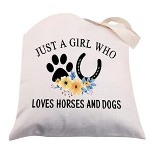 CMNIM Dog Horse Lovers Gifts Just a Girl Who Loves Horses and Dogs Tote Bag Dog and Horse Gifts For Dog Mom Owner Horse Tote Bag (Horses and Dogs Tote beige)