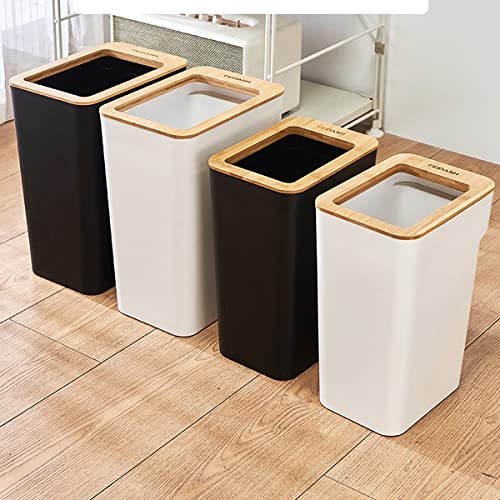 Doyingus Slim Wastebasket 2.6 Gal, Small Trash Can with Bamboo Lid Rectangular Plastic Garbage Can for Bathroom, Bedroom, Kitchen, Office, Living Room (Black)