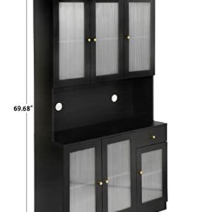 AVZEAR Kitchen Pantry Cabinet, Glass Door Cupboard 69.7" Freestanding Multifunctional Kitchen Pantry Cabinet Storage Cabinet Cupboard with 6 Doors,4 Shelves and 1 Drawer, Black