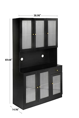 AVZEAR Kitchen Pantry Cabinet, Glass Door Cupboard 69.7" Freestanding Multifunctional Kitchen Pantry Cabinet Storage Cabinet Cupboard with 6 Doors,4 Shelves and 1 Drawer, Black