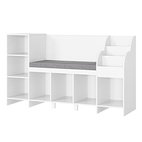 HOUSUIT Kids Bookshelf with Reading Nook, Bookcase with Seat Cushion and Adjustable Shelf, Storage Bench with Book Rack for Bedroom, Entryway, Playroom, 15.7" D x 54.5" W x 31.5" H, White