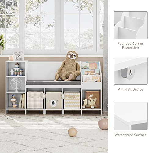 HOUSUIT Kids Bookshelf with Reading Nook, Bookcase with Seat Cushion and Adjustable Shelf, Storage Bench with Book Rack for Bedroom, Entryway, Playroom, 15.7" D x 54.5" W x 31.5" H, White