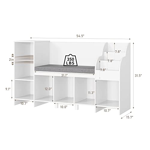 HOUSUIT Kids Bookshelf with Reading Nook, Bookcase with Seat Cushion and Adjustable Shelf, Storage Bench with Book Rack for Bedroom, Entryway, Playroom, 15.7" D x 54.5" W x 31.5" H, White