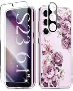 guovlin for samsung galaxy s23 case 6.1", with [screen protector+camera lens protector] flower shockproof hard back&soft edge clear floral women bumper protective phone cover, 2023 (alluring purple)