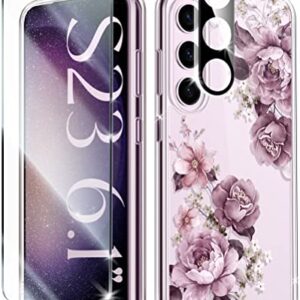 GUOVLIN for Samsung Galaxy S23 Case 6.1", with [Screen Protector+Camera Lens Protector] Flower Shockproof Hard Back&Soft Edge Clear Floral Women Bumper Protective Phone Cover, 2023 (Alluring Purple)