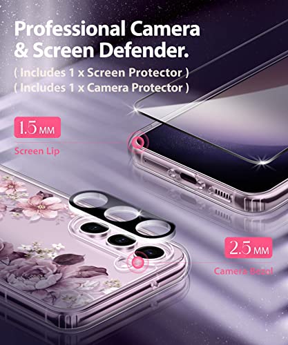 GUOVLIN for Samsung Galaxy S23 Case 6.1", with [Screen Protector+Camera Lens Protector] Flower Shockproof Hard Back&Soft Edge Clear Floral Women Bumper Protective Phone Cover, 2023 (Alluring Purple)