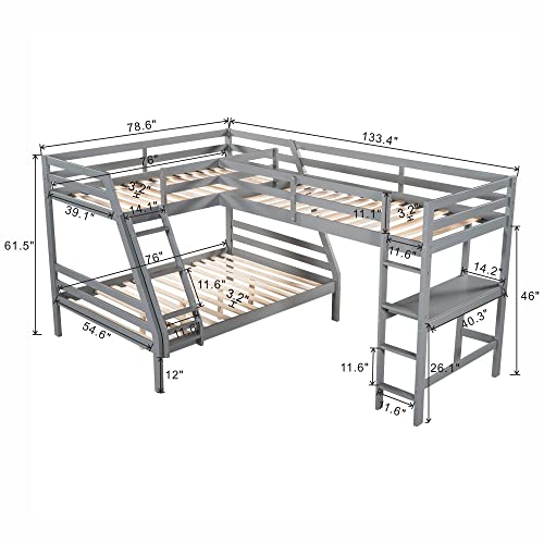 Wood L-Shaped Bunk Beds with Desk, Twin &Twin Over Full Bunk Bed Frame for 3 People with Guardrails and Ladder for Kids Boys Girls Teens Adults Bedroom Dorm