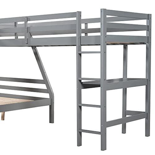 Wood L-Shaped Bunk Beds with Desk, Twin &Twin Over Full Bunk Bed Frame for 3 People with Guardrails and Ladder for Kids Boys Girls Teens Adults Bedroom Dorm