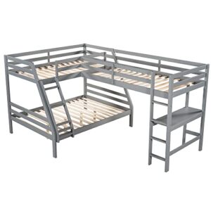 Wood L-Shaped Bunk Beds with Desk, Twin &Twin Over Full Bunk Bed Frame for 3 People with Guardrails and Ladder for Kids Boys Girls Teens Adults Bedroom Dorm