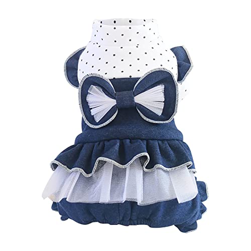 HonpraD Pet Clothes for Small Dogs Girl Dog Dresses Autumn and Winter Thickening Four Legs Princess Bow Denim Skirt