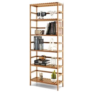 giantex 6-tier bamboo bookshelf, 63'' tall freestanding storage display shelf with adjustable shelves, easy assembly multipurpose bookcase shelf rack for living room, kitchen, plants (natural)