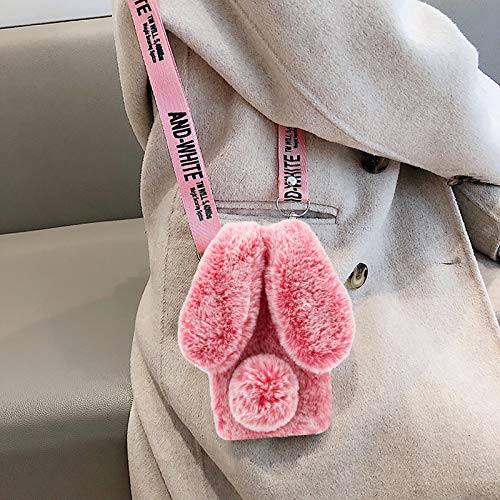 DasKAn for Samsung Galaxy A14 5G 3D Bunny Ears Plush Case with Crossbody Strap, Winter Warm Handmade Bling Diamond Soft Rabbit Fluffy Furry Fur Shockproof Protective Phone Cover, Pink