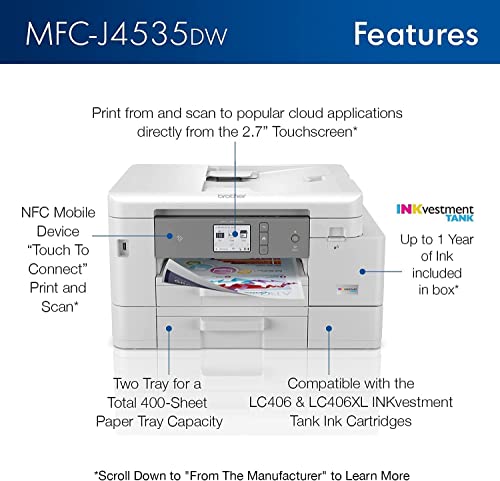 Brother MFC-J4535DW INKvestment Tank All-in-One Color Inkjet Printer with NFC, Print Scan Copy Fax, Auto 2-Sided Printing, Built-in Wireless, 4800 x 1200 dpi, White, Bundle with JAWFOAL