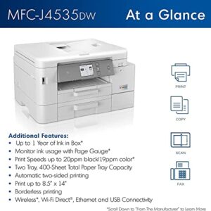 Brother MFC-J4535DW INKvestment Tank All-in-One Color Inkjet Printer with NFC, Print Scan Copy Fax, Auto 2-Sided Printing, Built-in Wireless, 4800 x 1200 dpi, White, Bundle with JAWFOAL