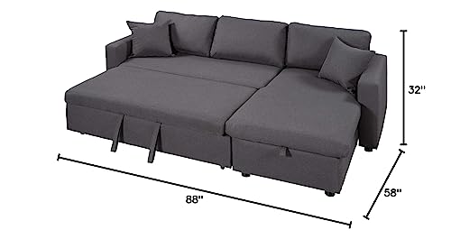 RUNWON 87" L-Shaped Sectional Sofa Bed Sleeper Couch with 2 Tossing Pillows,Storage Loung Chaise for Living Room Furniture, Grey