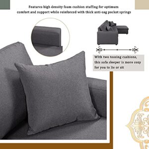 RUNWON 87" L-Shaped Sectional Sofa Bed Sleeper Couch with 2 Tossing Pillows,Storage Loung Chaise for Living Room Furniture, Grey