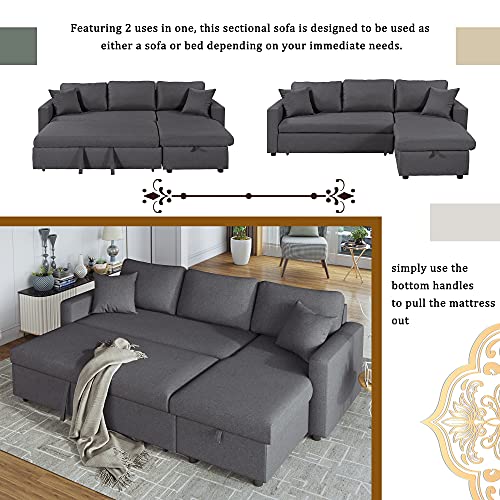 RUNWON 87" L-Shaped Sectional Sofa Bed Sleeper Couch with 2 Tossing Pillows,Storage Loung Chaise for Living Room Furniture, Grey