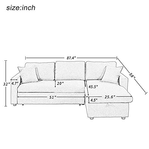 RUNWON 87" L-Shaped Sectional Sofa Bed Sleeper Couch with 2 Tossing Pillows,Storage Loung Chaise for Living Room Furniture, Grey