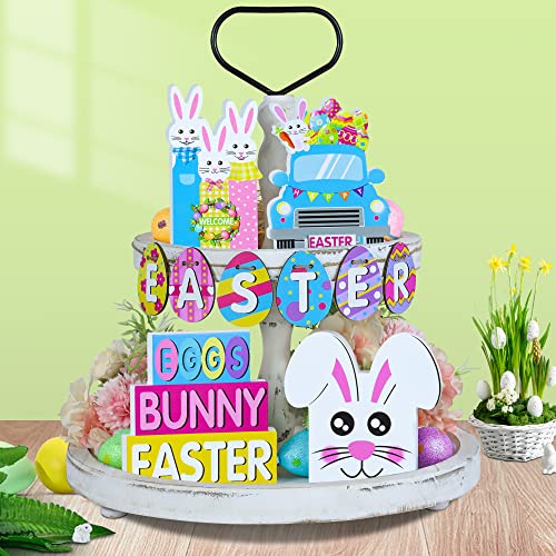 5 Pcs Easter Tiered Tray Decor Decorations Set, Farmhouse Easter Wooden Signs Table Centerpieces with Mini Easter Eggs Garland, Cute Easter Bunny Table Decor for Home Indoor Welcome Sign Easter Gift