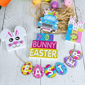 5 Pcs Easter Tiered Tray Decor Decorations Set, Farmhouse Easter Wooden Signs Table Centerpieces with Mini Easter Eggs Garland, Cute Easter Bunny Table Decor for Home Indoor Welcome Sign Easter Gift