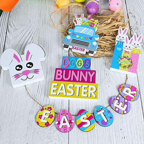 5 Pcs Easter Tiered Tray Decor Decorations Set, Farmhouse Easter Wooden Signs Table Centerpieces with Mini Easter Eggs Garland, Cute Easter Bunny Table Decor for Home Indoor Welcome Sign Easter Gift