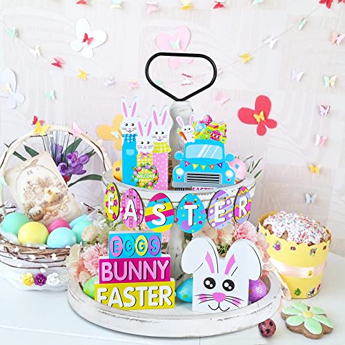 5 Pcs Easter Tiered Tray Decor Decorations Set, Farmhouse Easter Wooden Signs Table Centerpieces with Mini Easter Eggs Garland, Cute Easter Bunny Table Decor for Home Indoor Welcome Sign Easter Gift